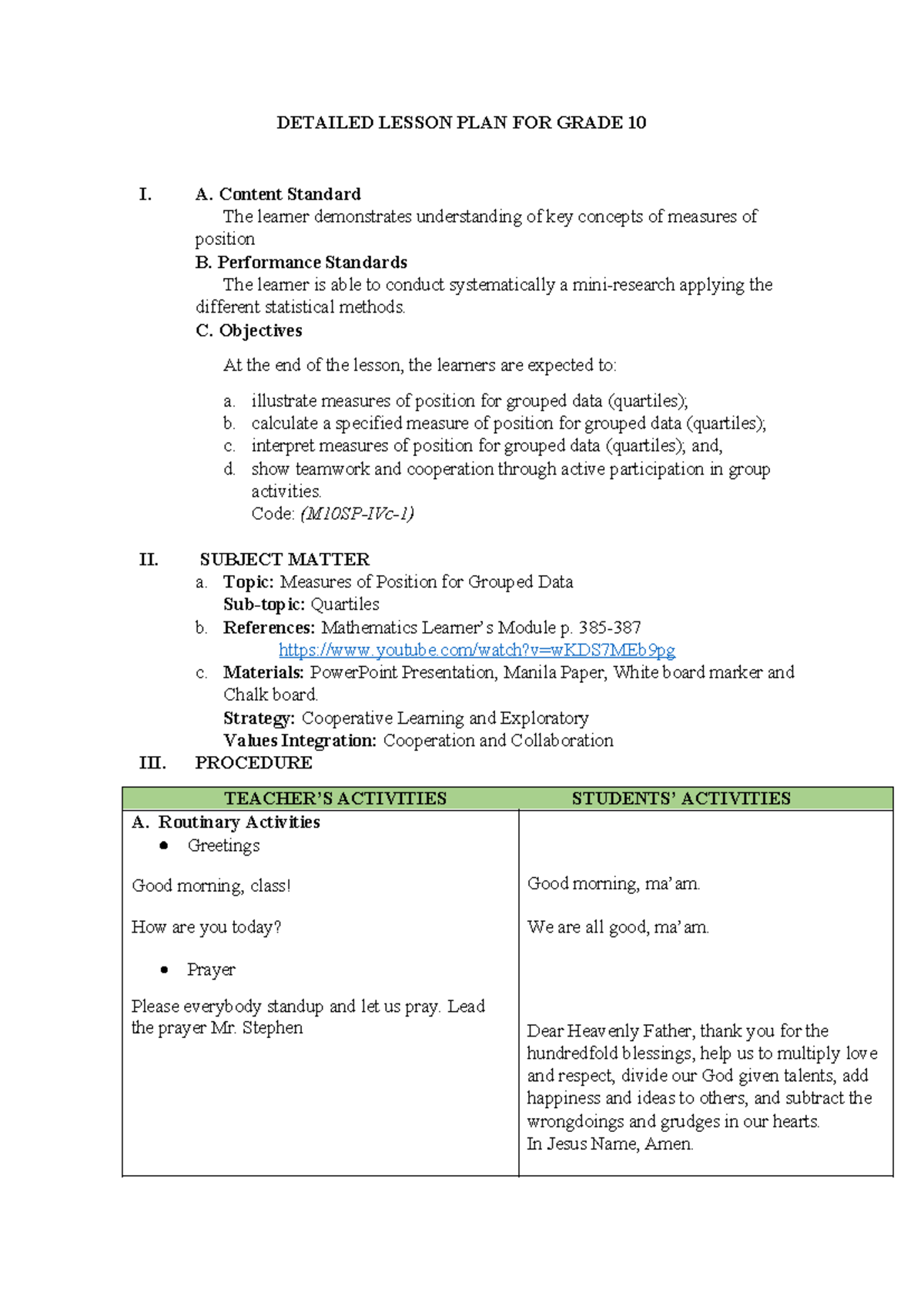 Grade 10 Math Lesson Plan: Measures of Position for Grouped Data - Studocu