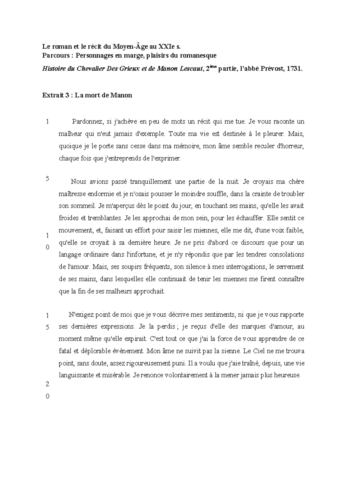 La mort de Manon : Analyse du récit dans le roman de Prévost - Studocu