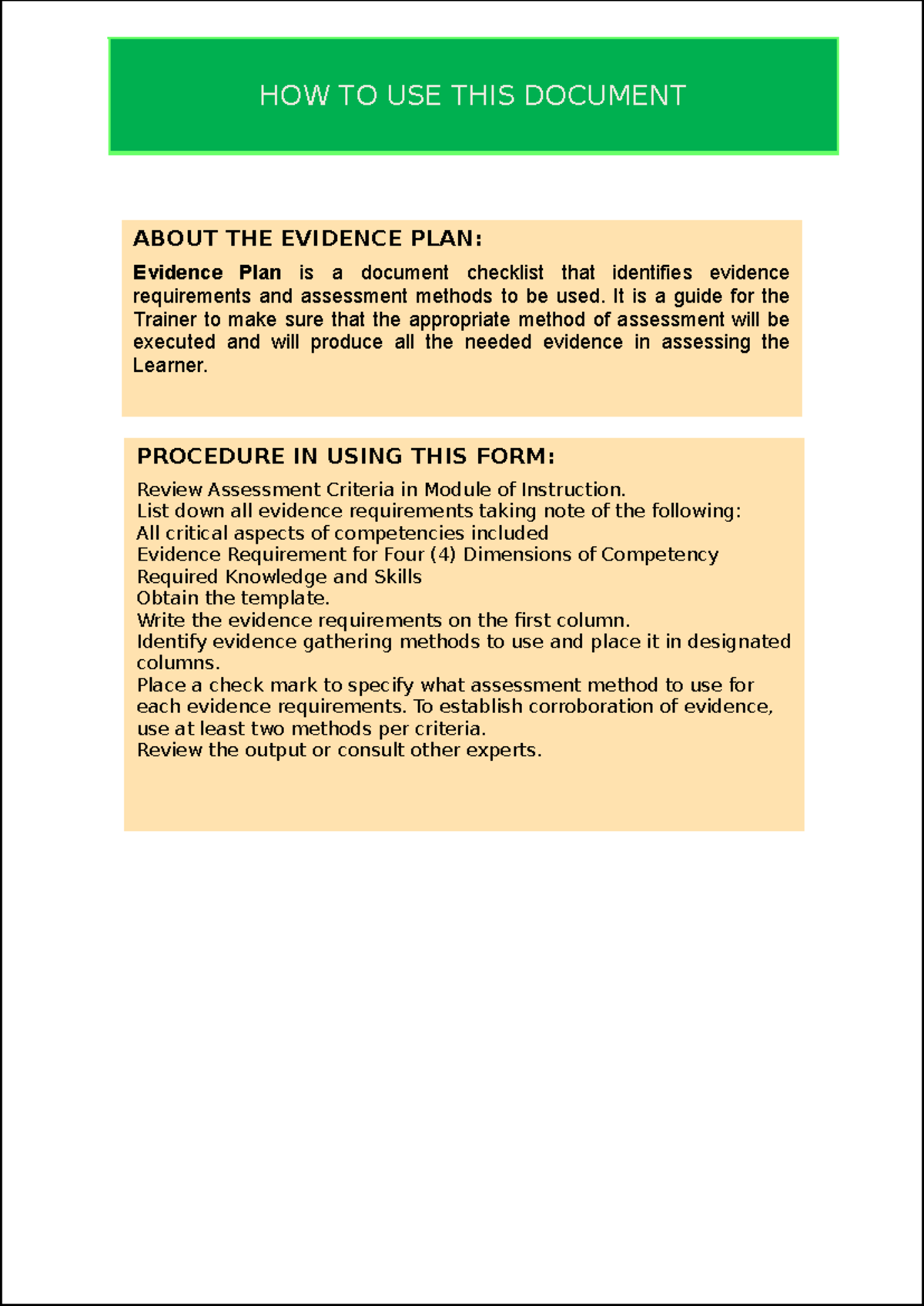 Evidence Plan Template - Assessment Checklist for Learners - Studocu