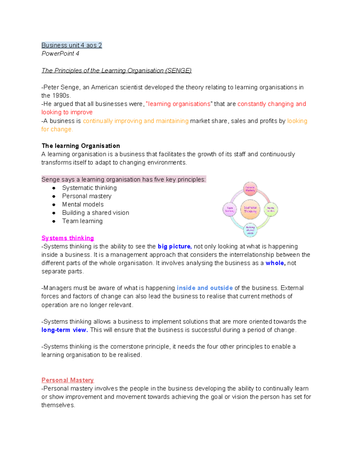 Business Unit 4 AOS 2: Principles of the Learning Organisation - Studocu