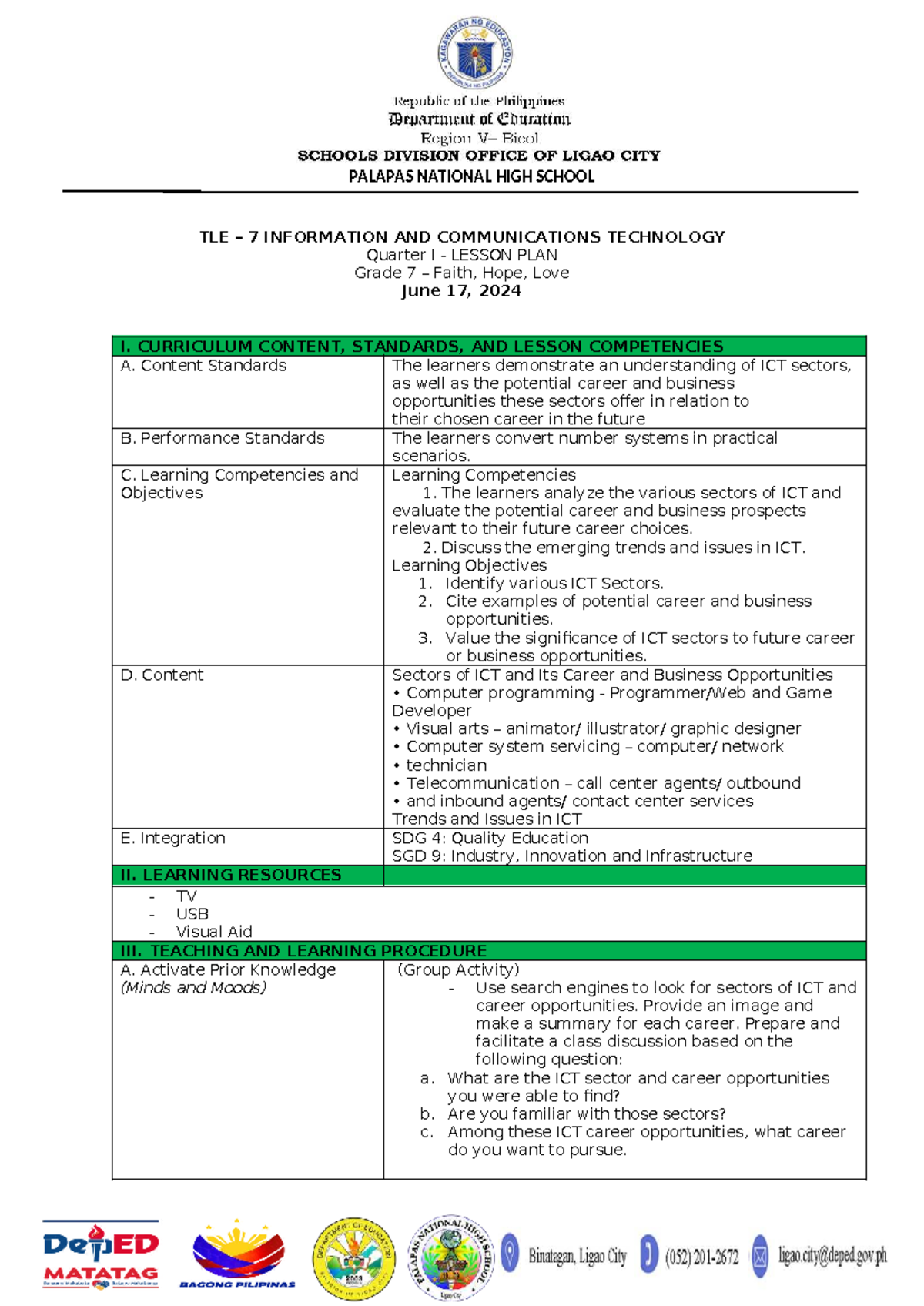 TLE 7 ICT Quarter I Lesson Plan: Career Opportunities in ICT - Studocu