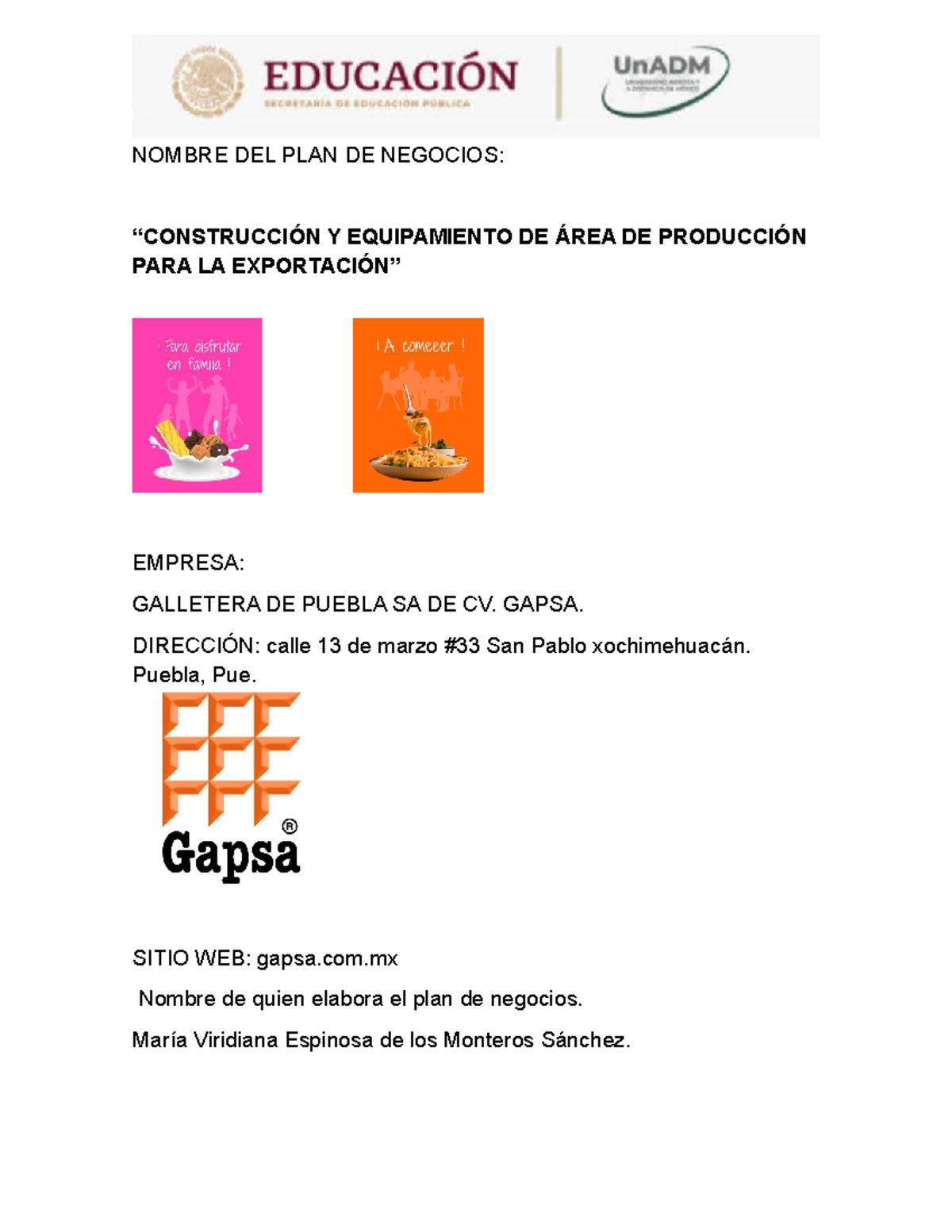 GPLN U1 A1 MAES - Plan de Negocios para Galletas GAPSA 2024 - Studocu