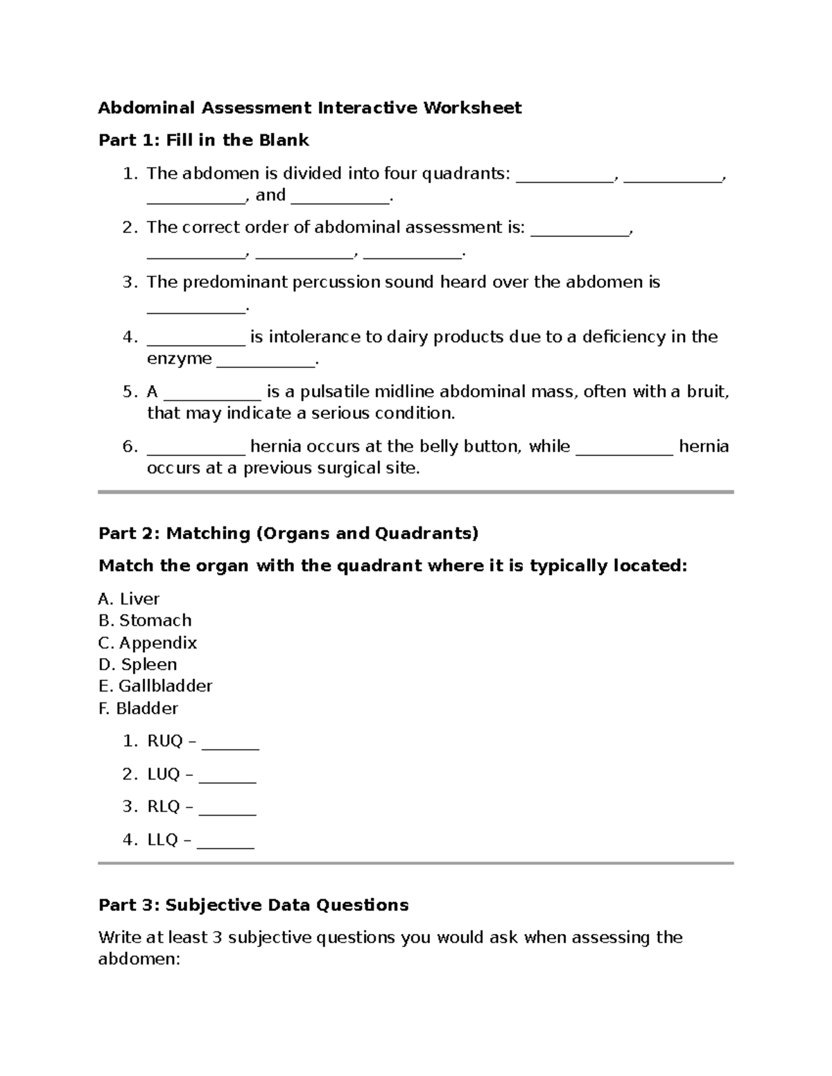 Abdominal Assessment Worksheet NU302: Interactive Fill-in-the-Blank ...