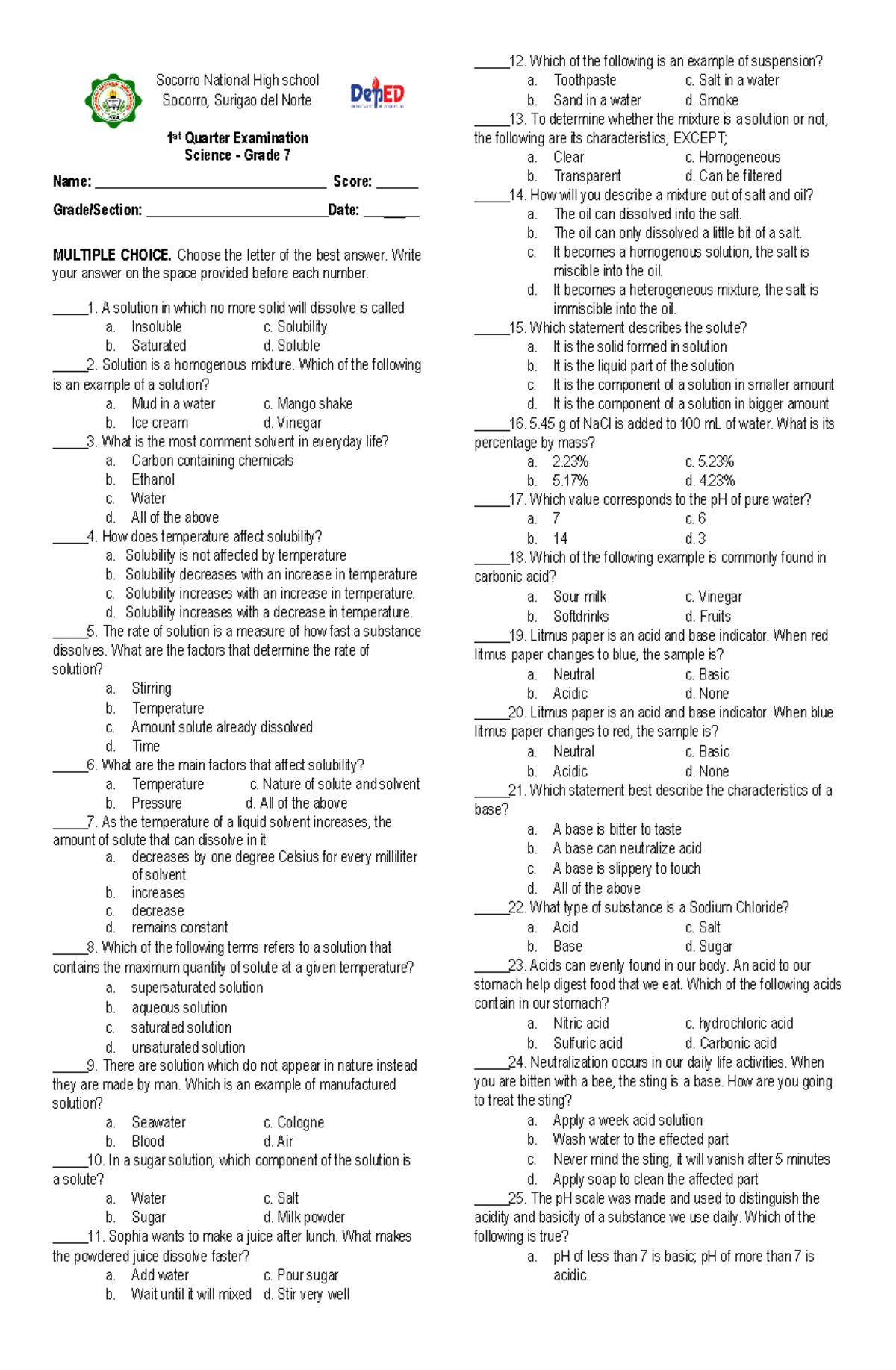 Grade 7 Science - 1st Quarter Exam Questions & Answers - Studocu