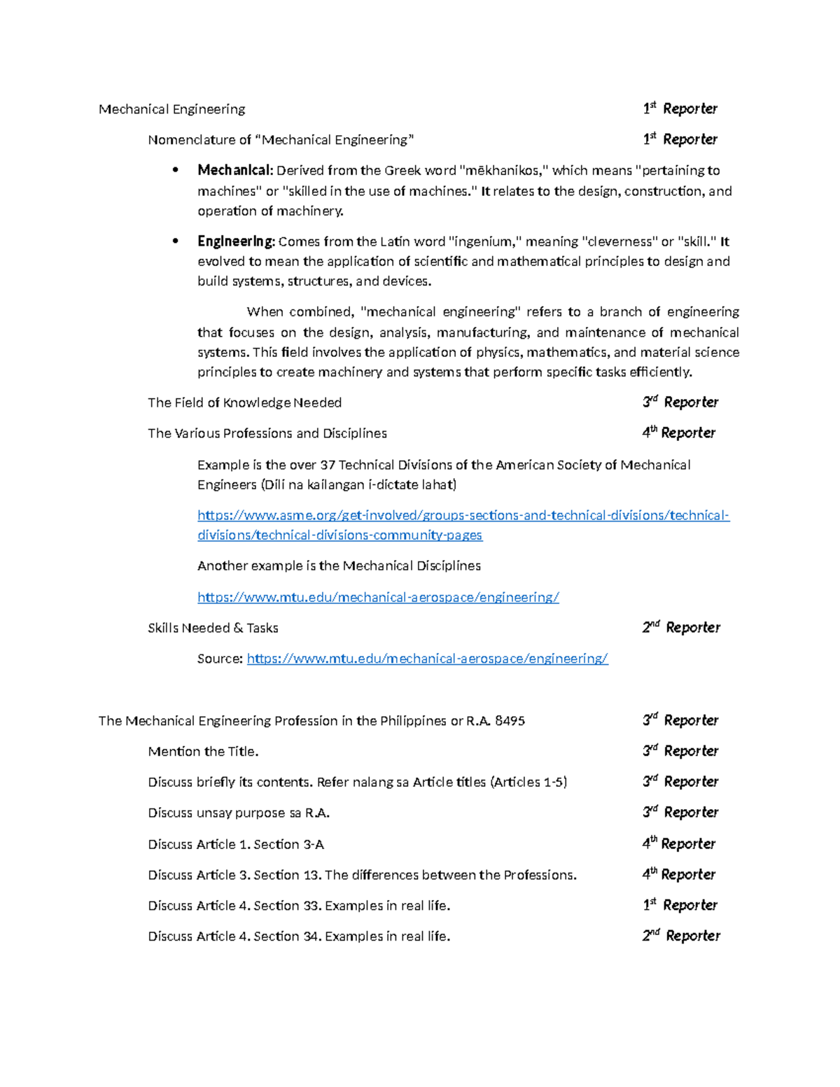 Mechanical Engineering Reporting Distribution - Mechanical Engineering ...