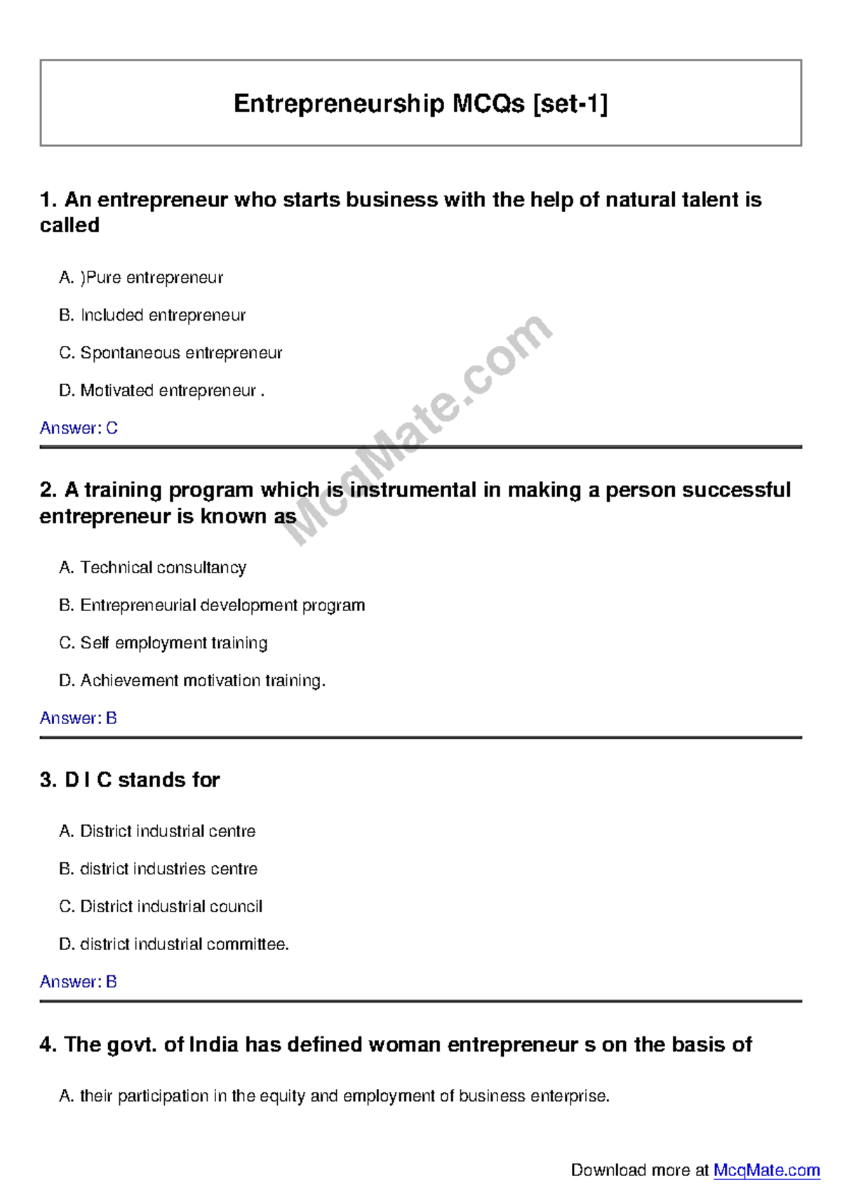 Entrepreneurship MCQs Set-1: Complete Guide for Practice and Success - Studocu