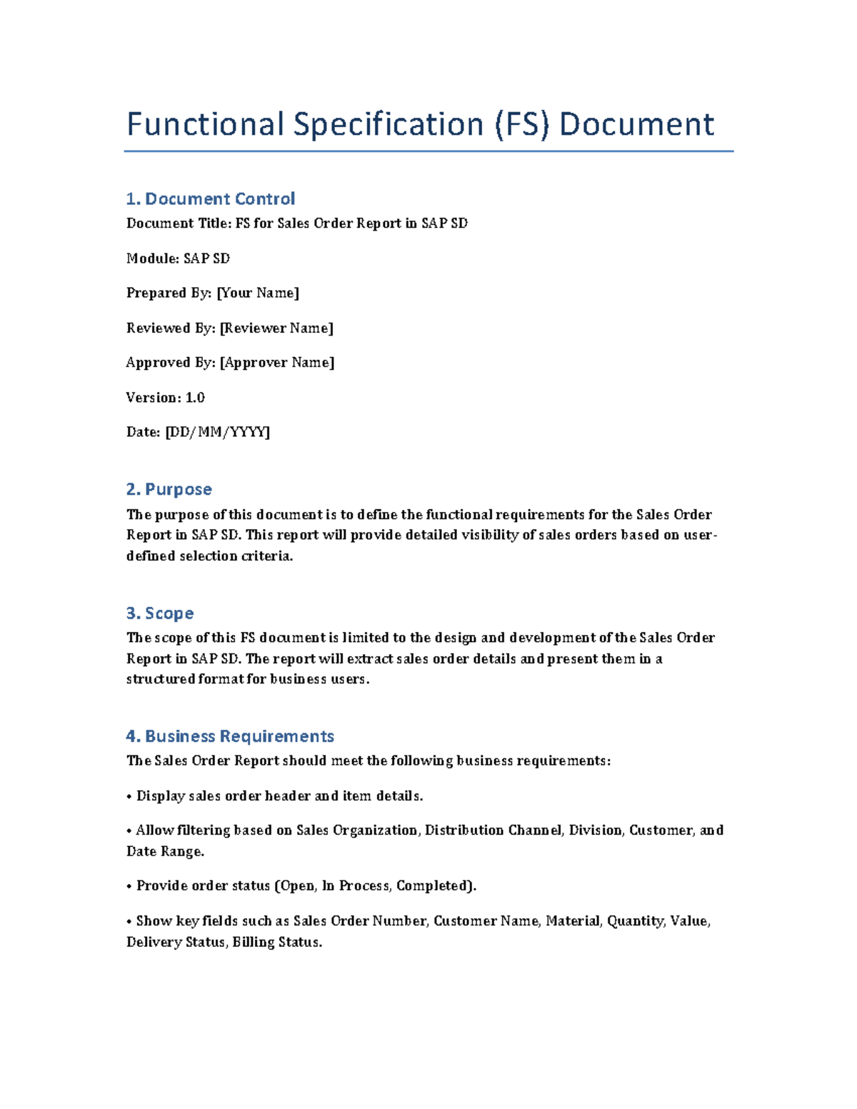 FS Document for Sales Order Report in SAP SD - Version 1.0 - Studocu