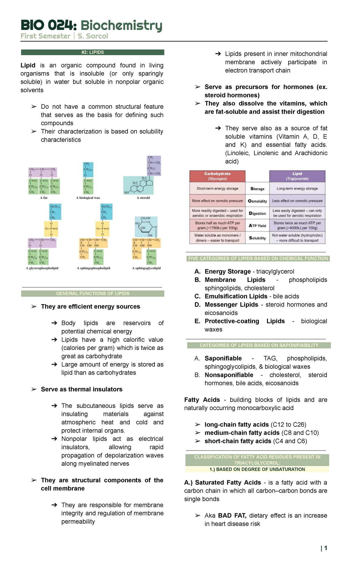 BIO 024: Biochemistry Lecture Notes on Lipids and Fatty Acids - Studocu