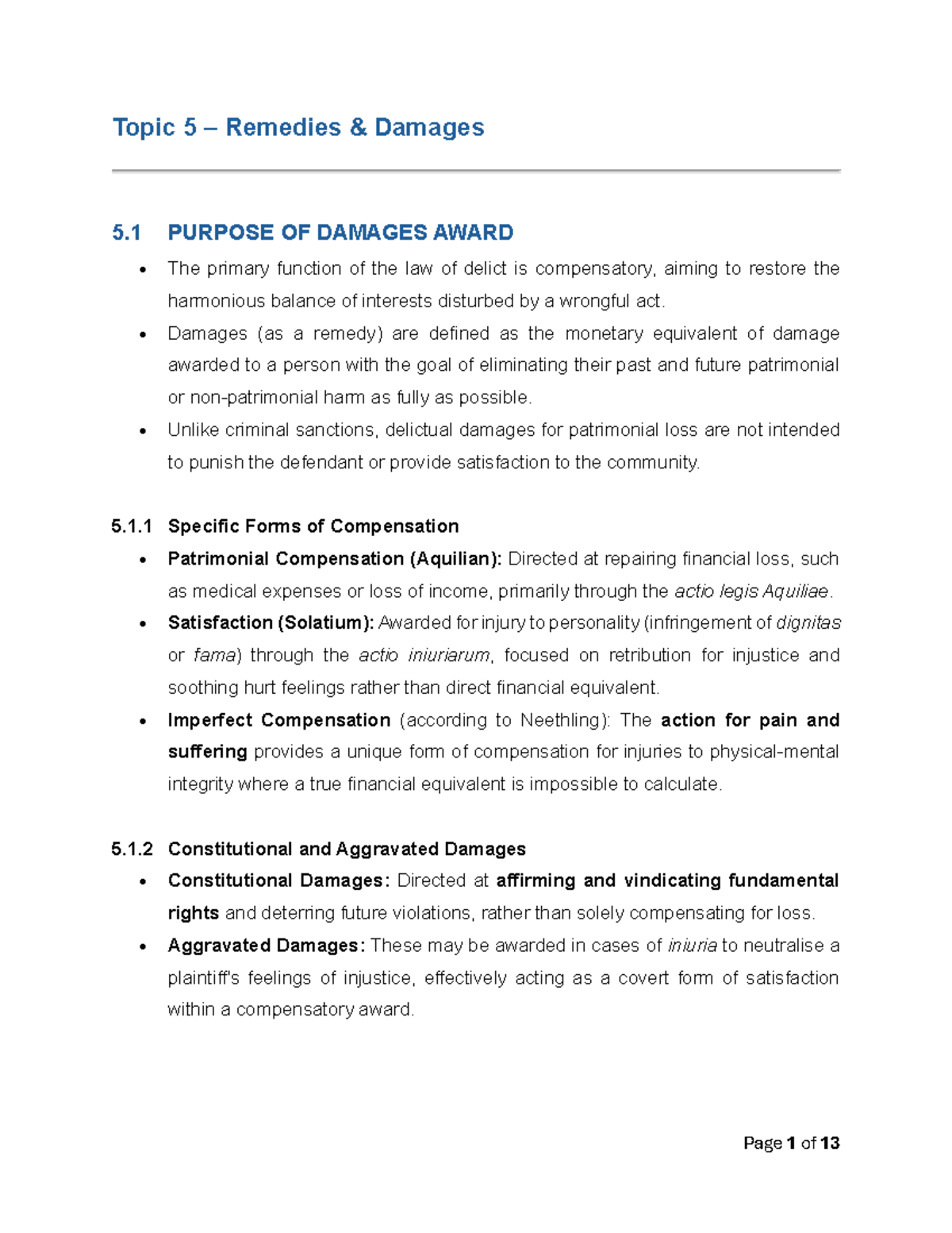 L2306 - Notes on Topic 5: Remedies and Damages Overview - Studocu