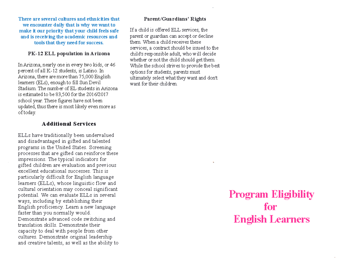 Eligibility Criteria for ELL Programs in Arizona (PK-12) - Studocu