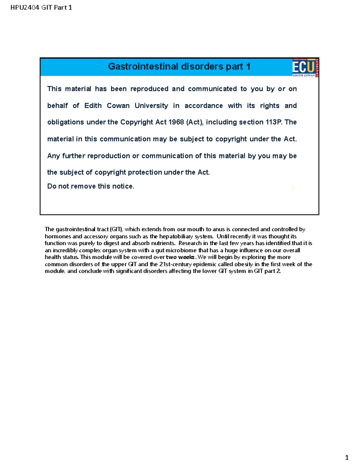 HPU2404 GIT Part 1: Overview of Gastrointestinal Disorders - Studocu