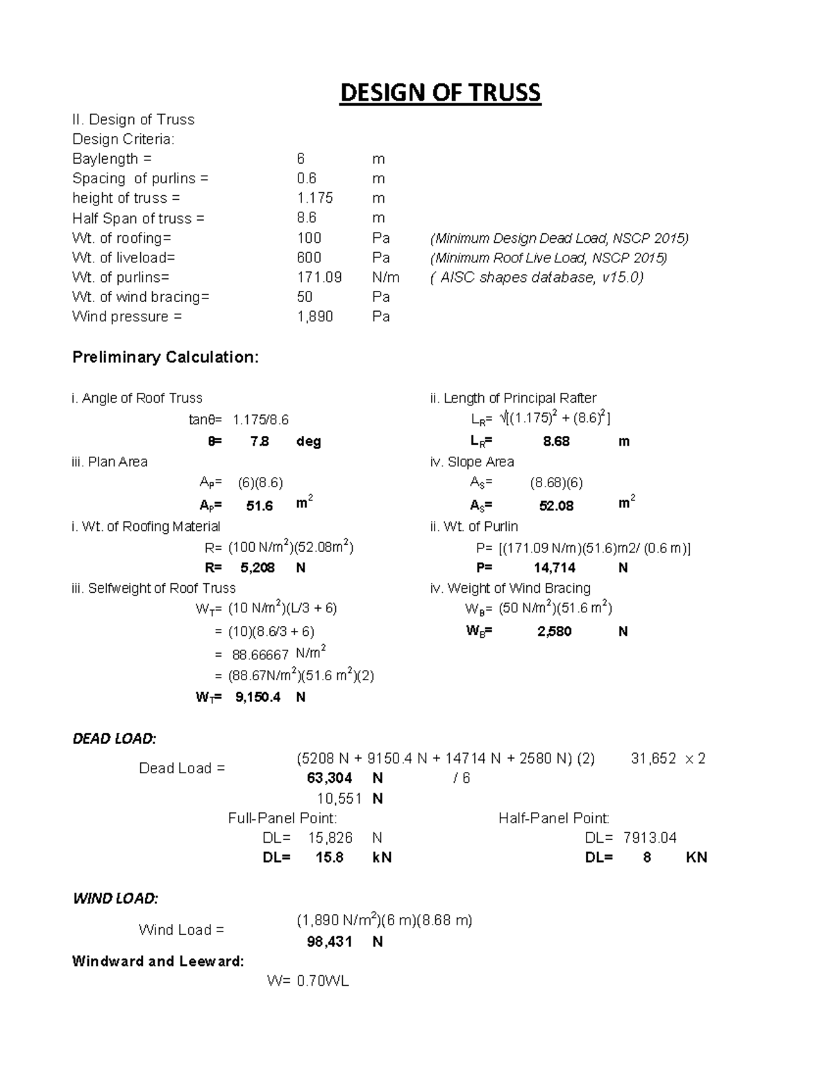 DESIGN OF TRUSS II: Steel Design Calculations and Criteria - Studocu