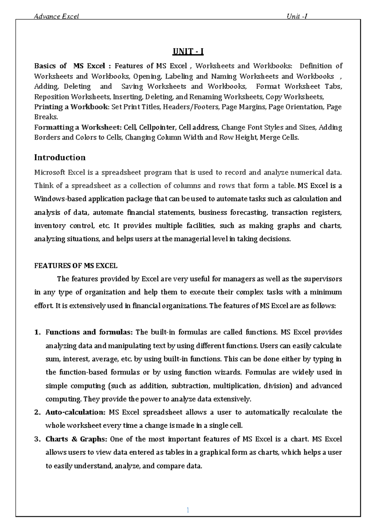 Excel Basics: Comprehensive Notes on MS Excel Features and Functions ...