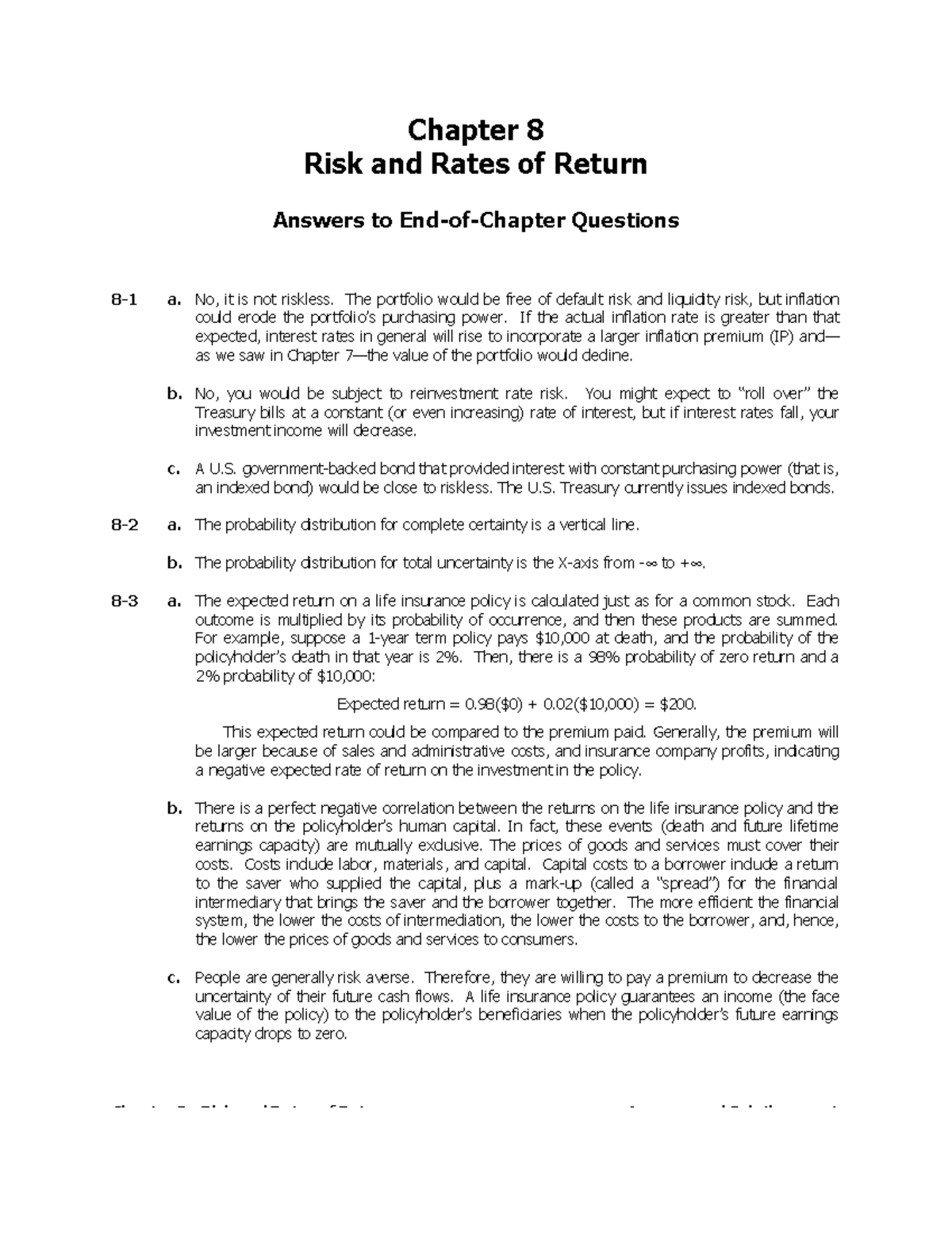 Risk and Returns Answer Key - Chapter 8 Risk and Rates of Return ...