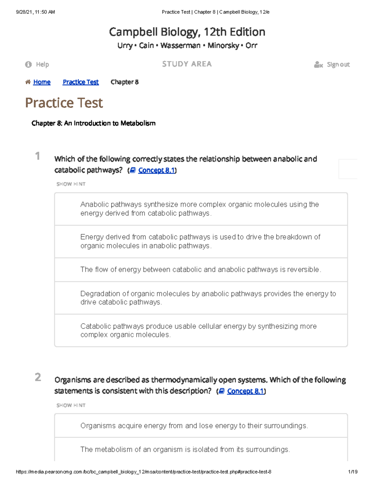 Practice Test for Chapter 8: Metabolism in Campbell Biology, 12e - Studocu