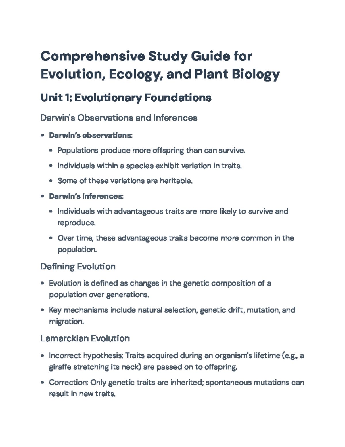Comprehensive Study Guide: Evolution, Ecology & Plant Biology (BIO 101 ...