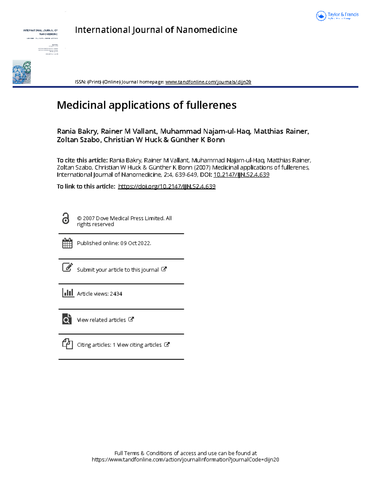 Medicinal Applications of Fullerenes in Nanomedicine (IJN 2007 ...