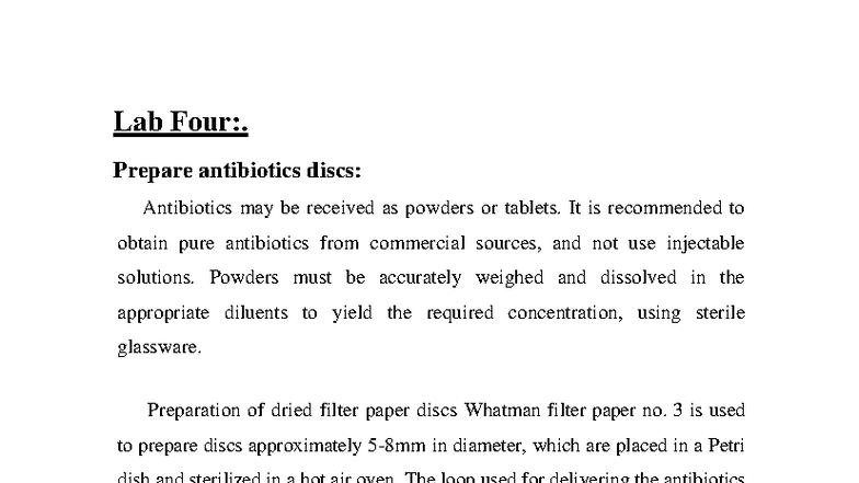 Lab Four: Antibiotic Disc Preparation and Sensitivity Testing - Studocu