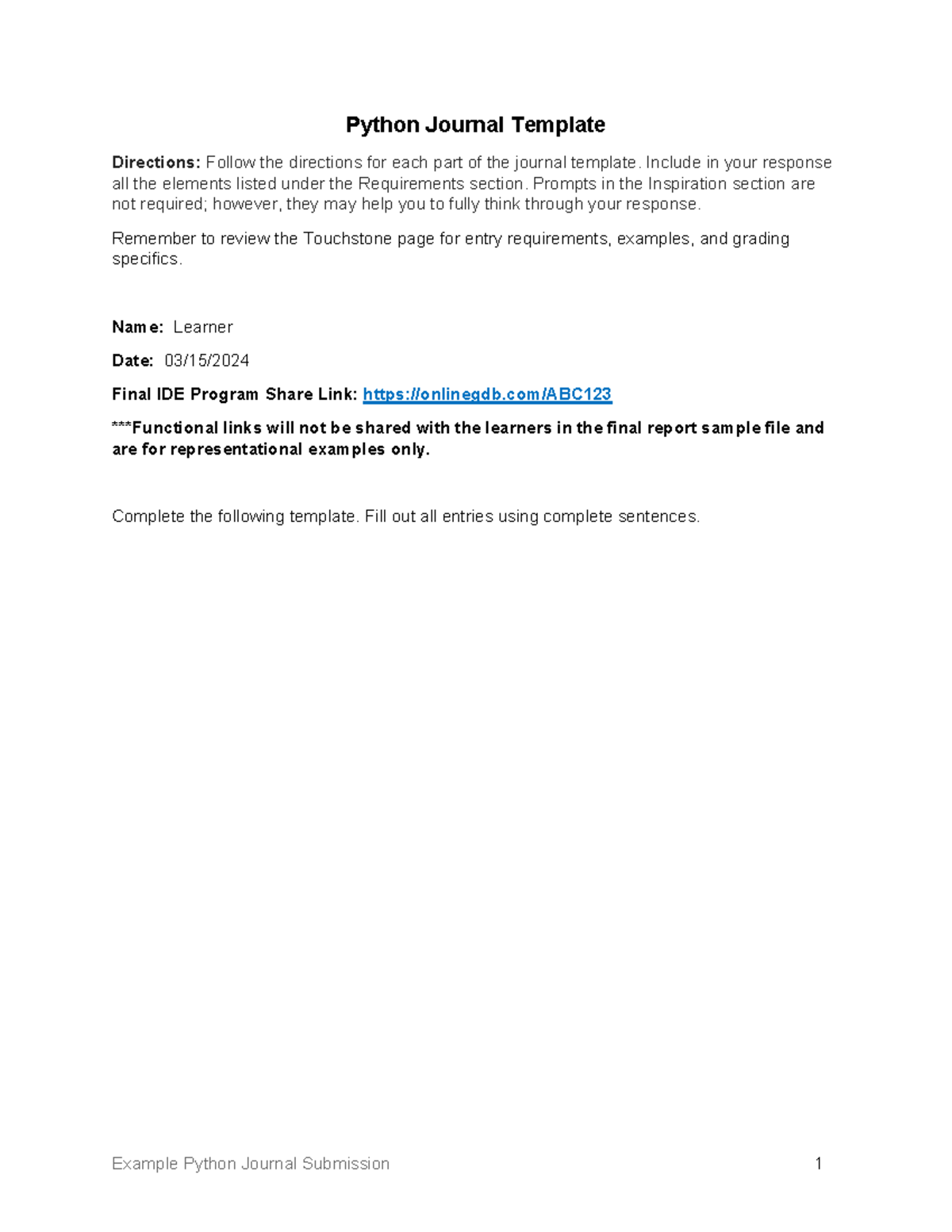Example Python Journal Submission - Python Journal Template Directions ...