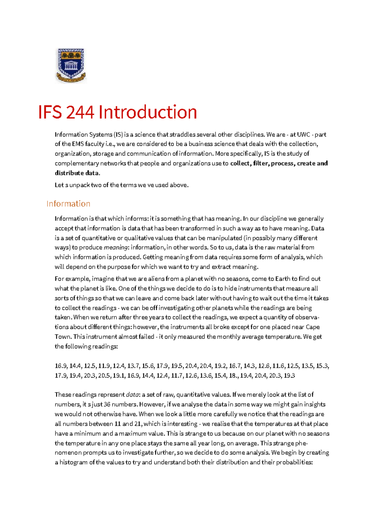 IFS 244 Course Outline: Introduction to Information Systems - Studocu