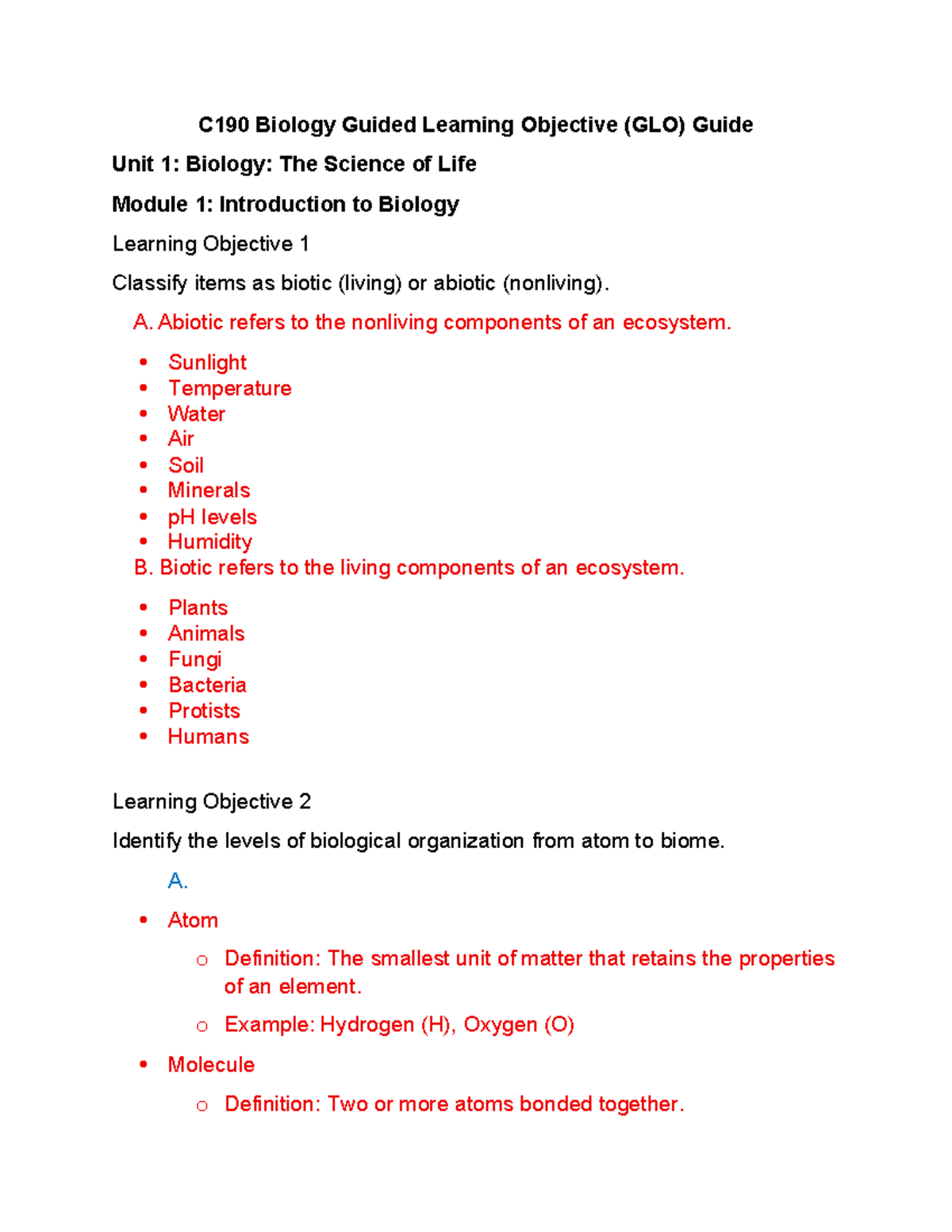 C190 Biology GLO Guide: Key Concepts and Learning Objectives - Studocu
