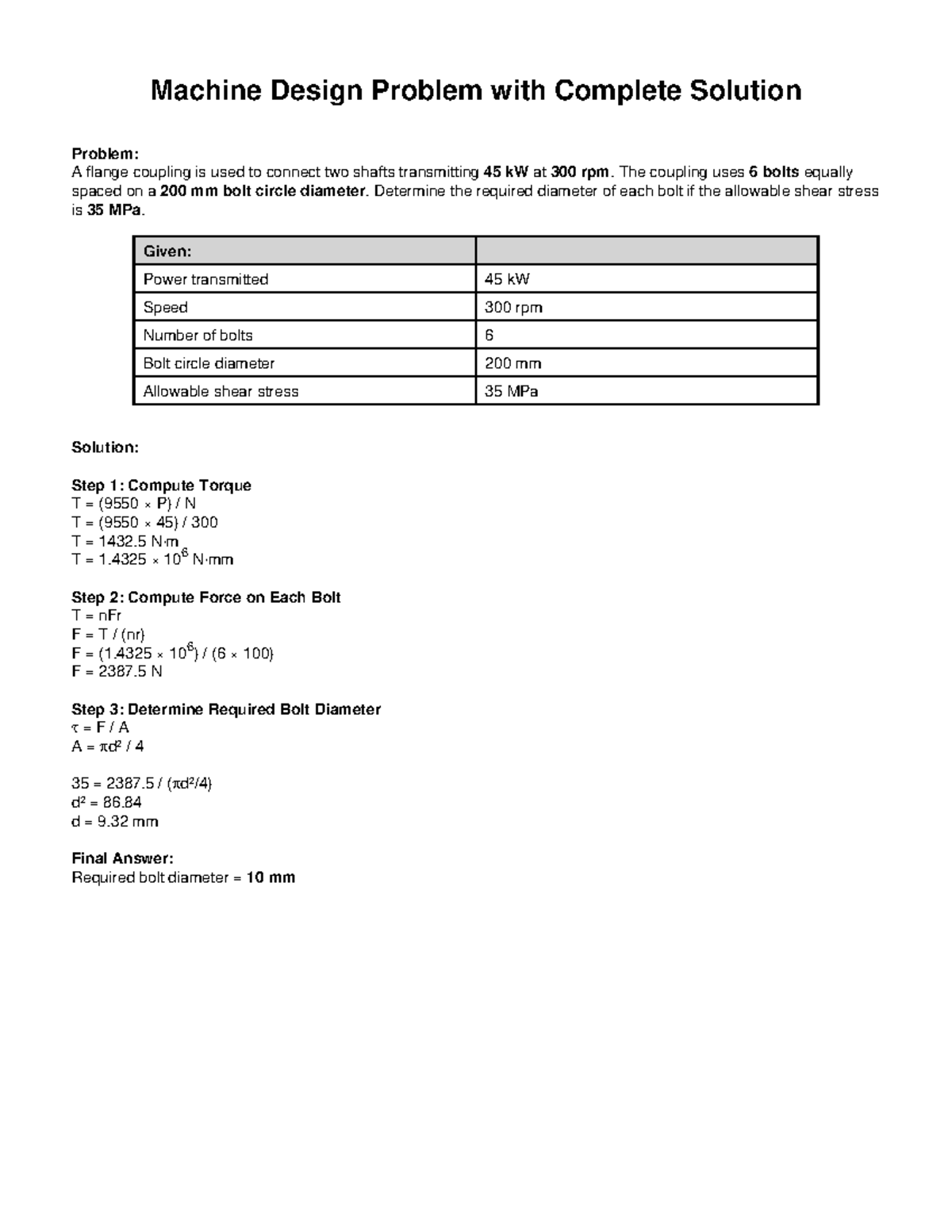 Machine Design Problem: Flange Coupling Bolt Diameter Calculation - Studocu