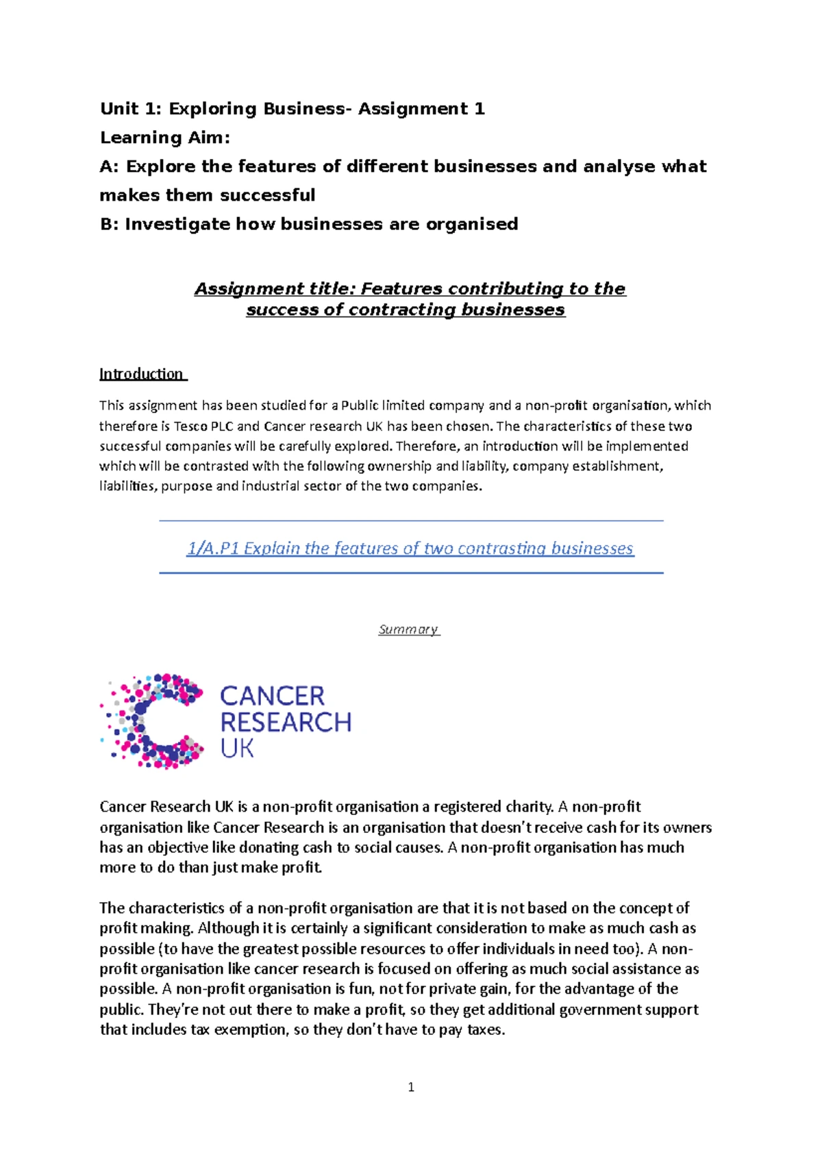 Level 3 Business Unit 1 Assignment 1 Unit One Exploring Business Assignment Title Features