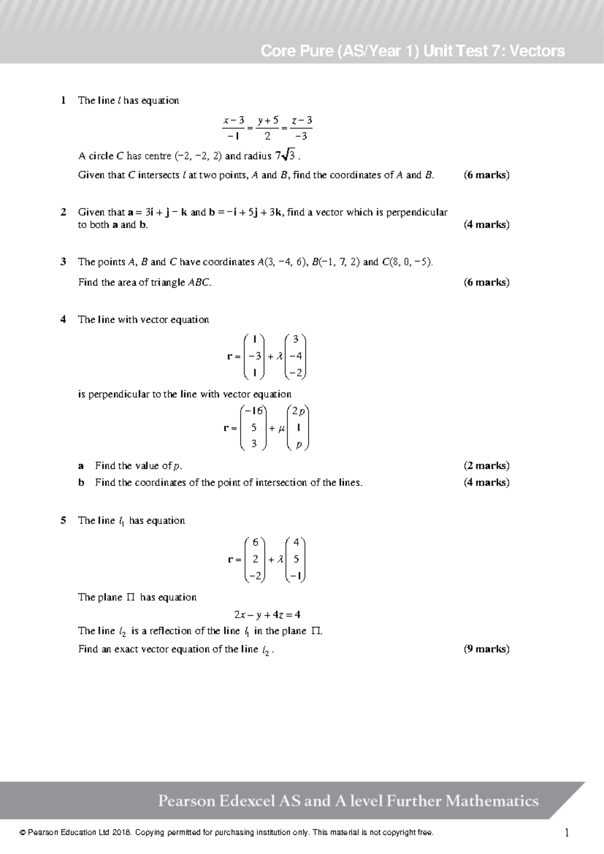 Core Pure 1) Unit Test 7: Vectors Analysis and Solutions - Studocu