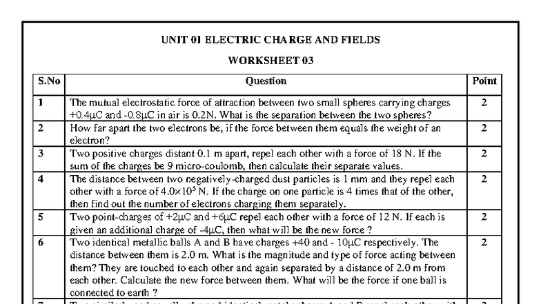 UNIT 01: Electric Charge & Fields - Worksheet 03 Questions - Studocu