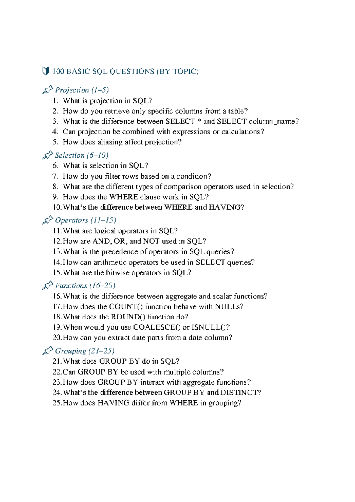 SQL Theory Questions - Practice for 100 Basic SQL Questions - Studocu