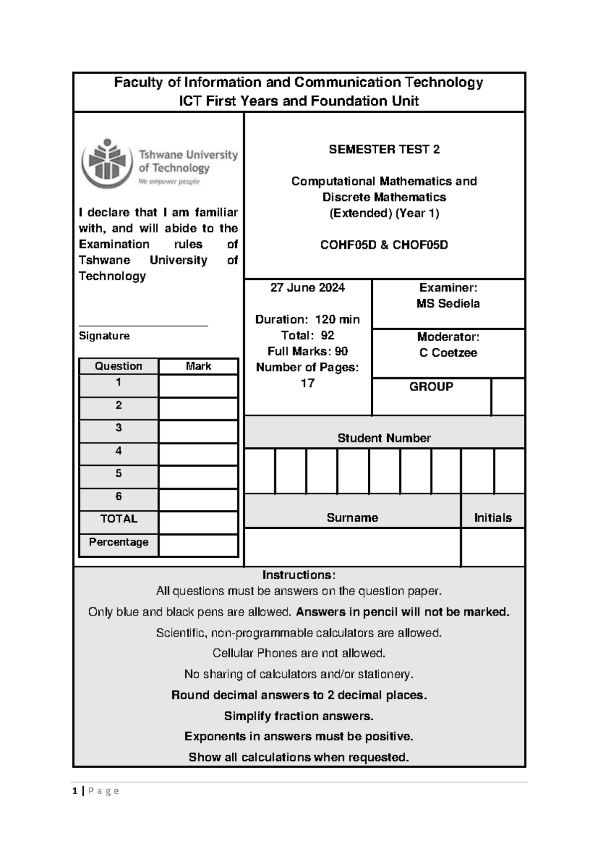 Semester Test 2: Computational & Discrete Math COHF05D & CHOF05D - Studocu