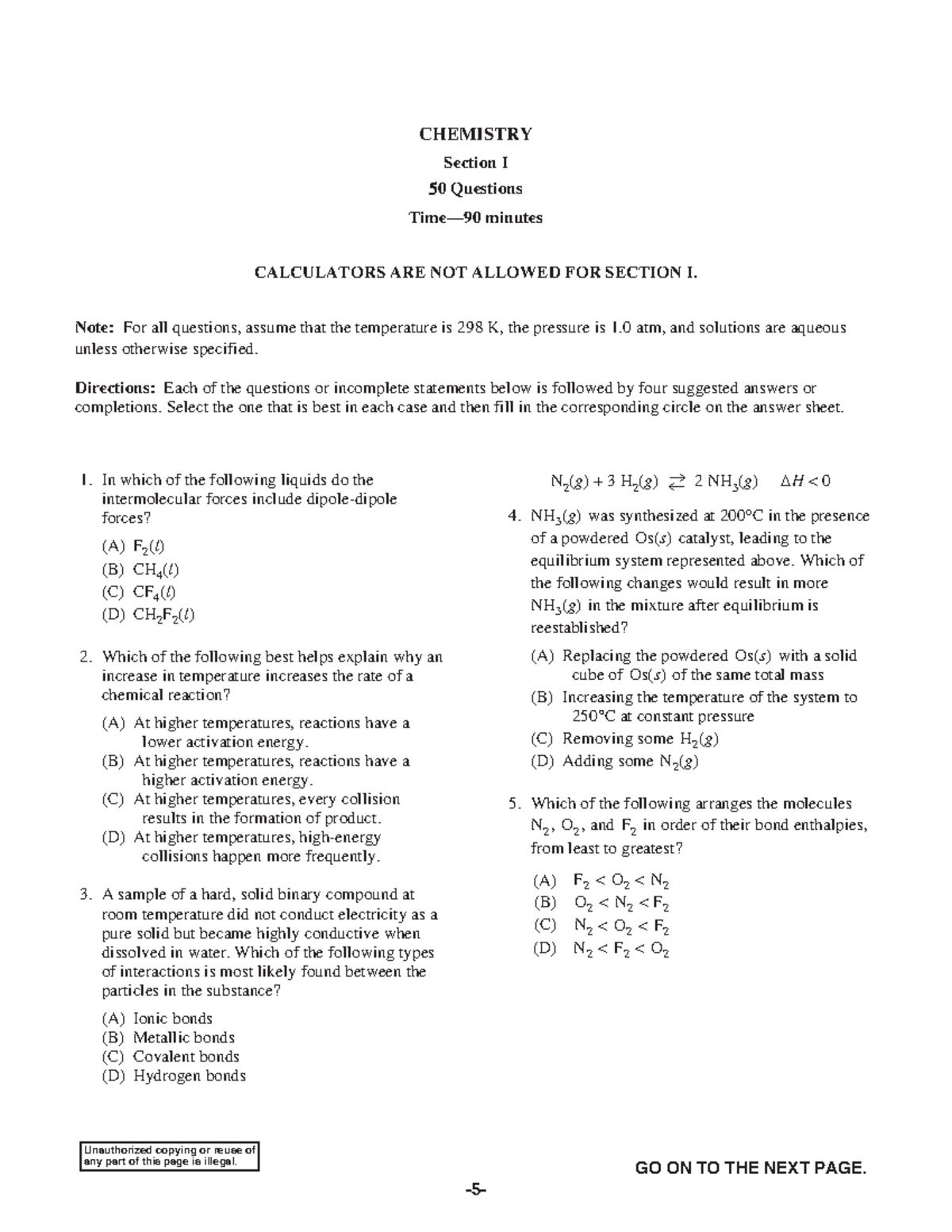 AP Chemistry Full Test: Section I - 50 Questions (No Calculators) - Studocu