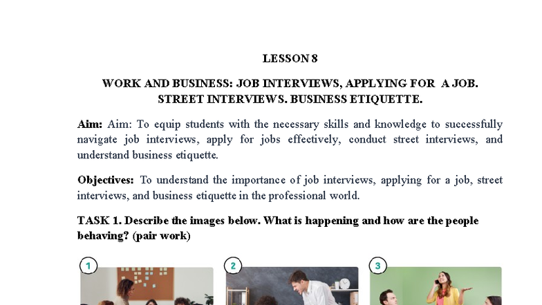 Lesson 8: Work & Business - Job Interviews & Etiquette (Sem 4) - Studocu