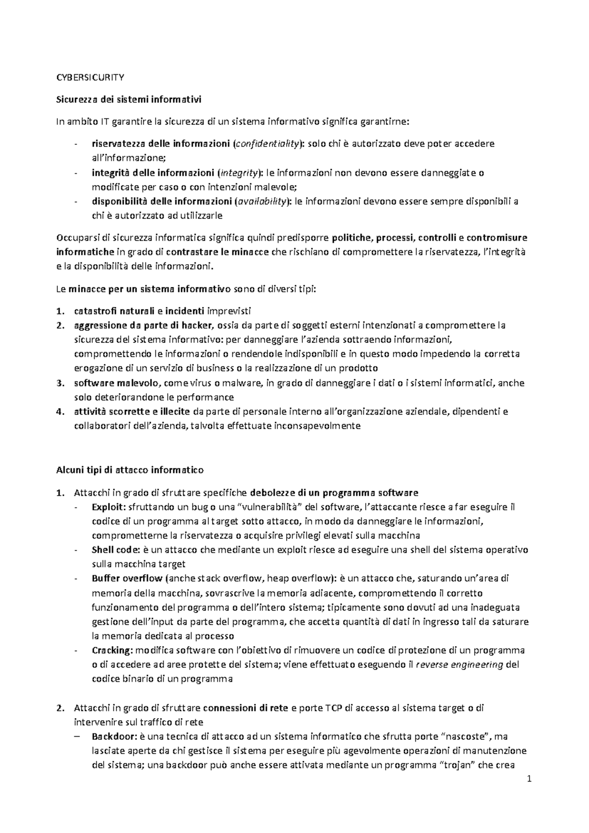 Cybersicurity - Preparazione per esame - riassunto concetti principali ...