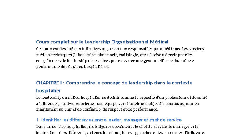 Cours Complet sur le Leadership Organisationnel Médical - CHAPITRE I ...