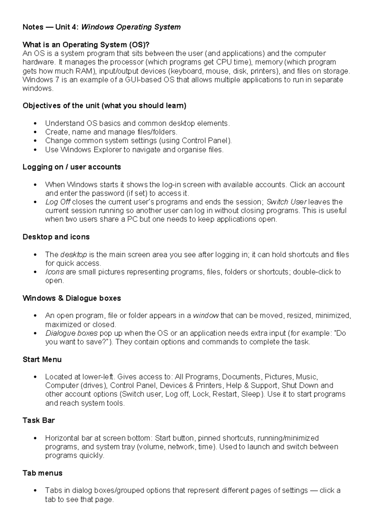 Unit 4: Windows Operating System Overview and Key Concepts - Studocu