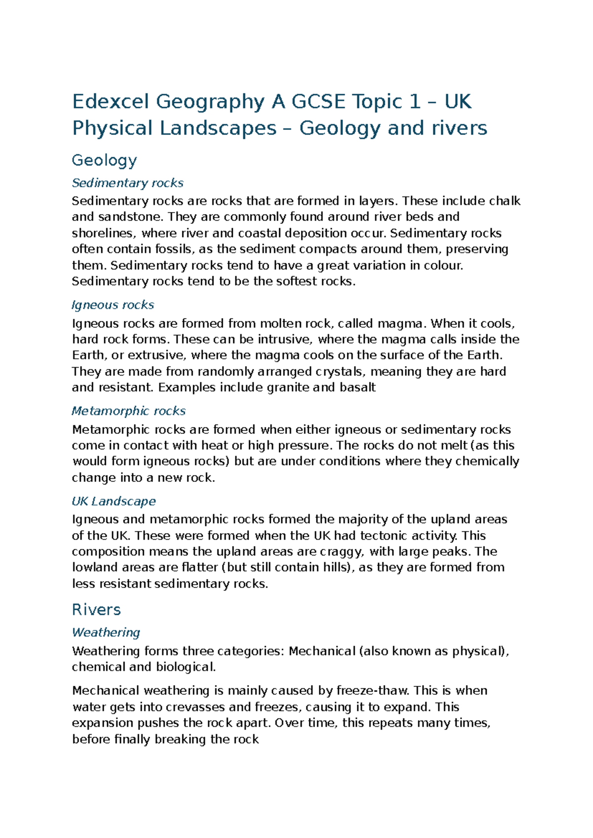 Edexcel Geography A GCSE: Physical Landscapes in the UK - Studocu