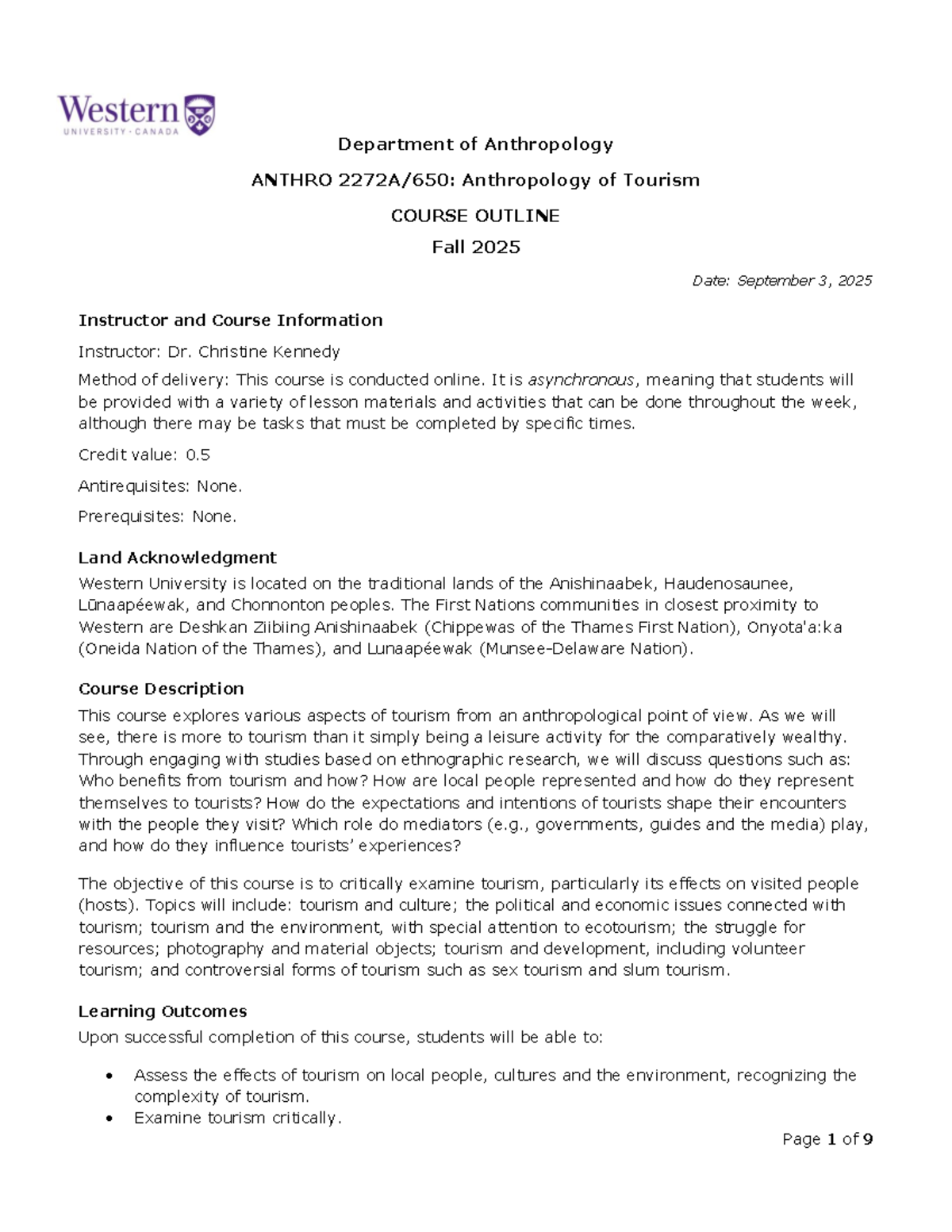ANTHRO 2025: Anthropology of Tourism Course Outline - Fall 2025 - Studocu