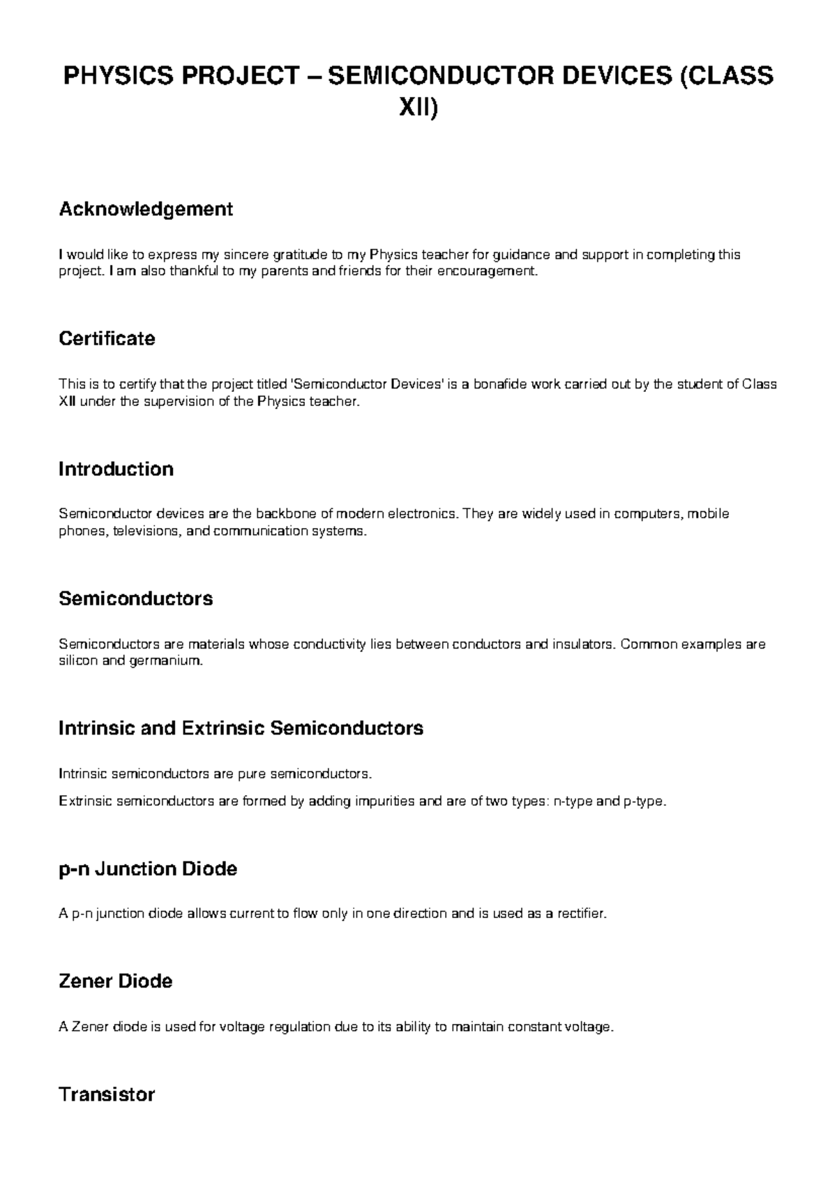 PHYSICS PROJECT (CLASS XII): SEMICONDUCTOR DEVICES - Studocu