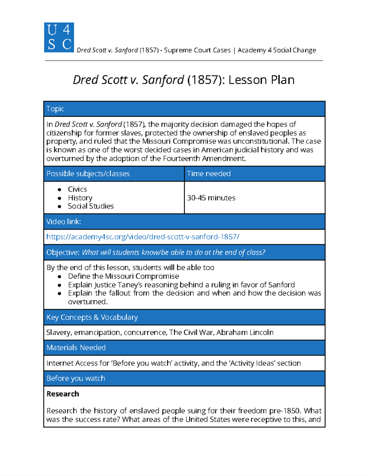Dred Scott v. Sanford - Lesson Plan for American History Class - Studocu
