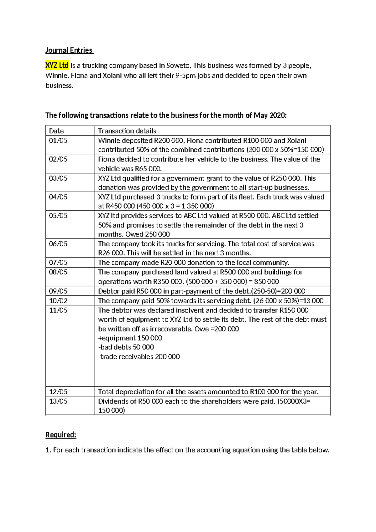 Accounting Equation & Journal Entries Exercise 8 for XYZ Ltd - Studocu