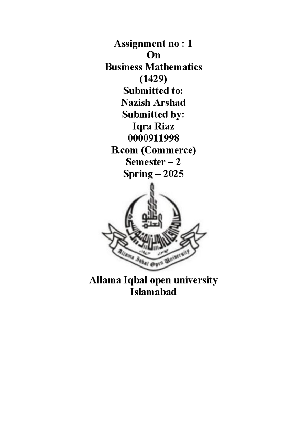 Assignment 1: Business Mathematics (1429) - Probability & Variables ...