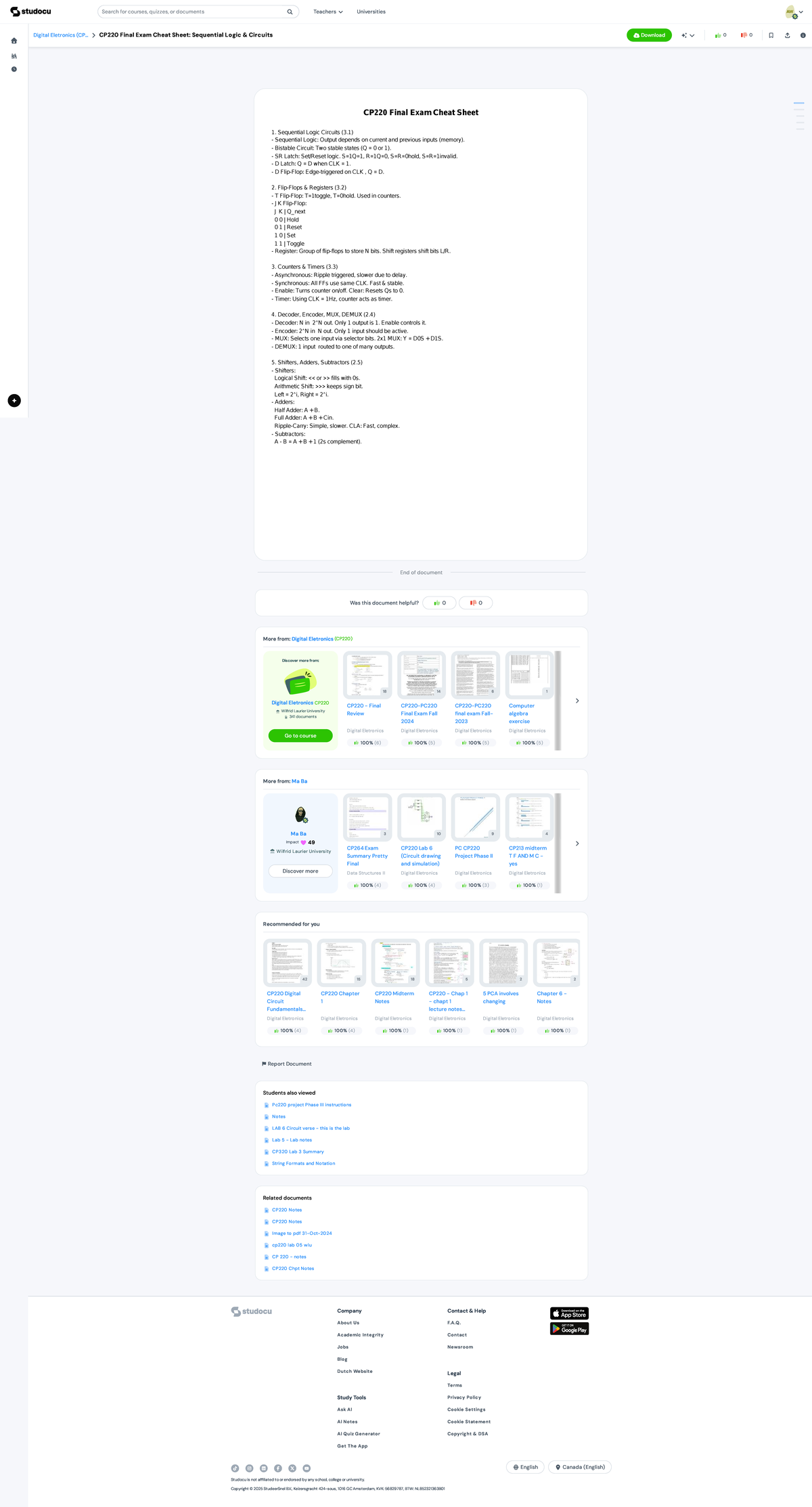 CP220 Final Exam Cheat Sheet: Sequential Logic Circuits - Studocu