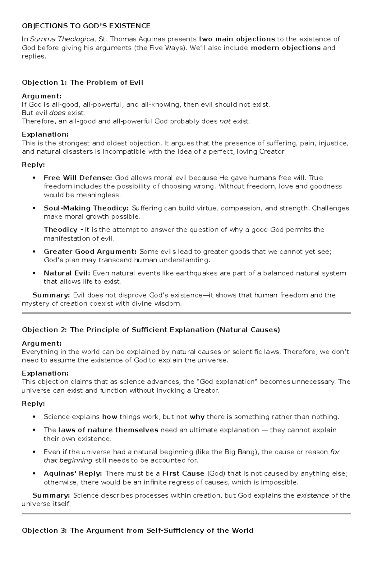 Objections to God's Existence - Lecture Notes on Aquinas' Arguments ...