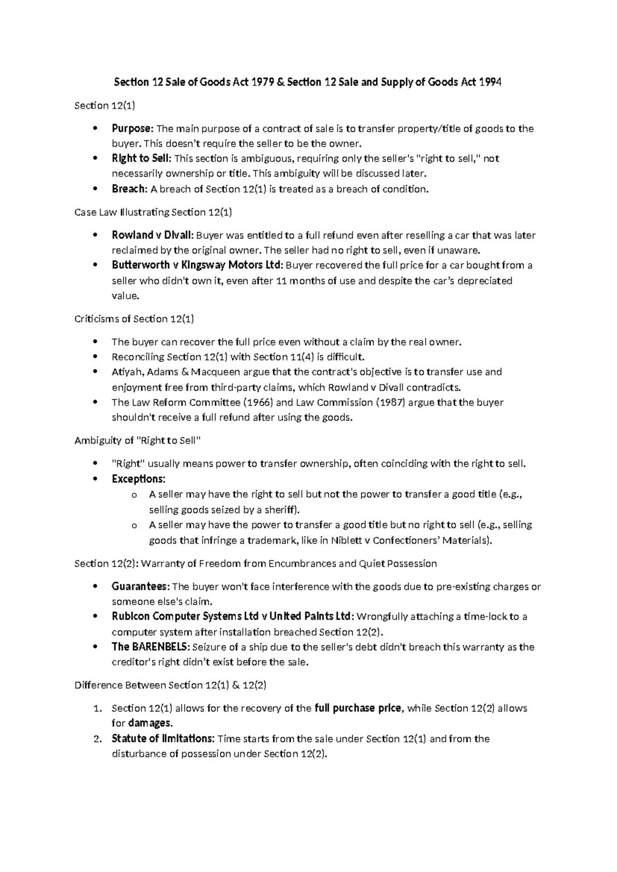 SGA 1979: Summary of Implied Terms in Sections 12, 13, and 14 - Studocu