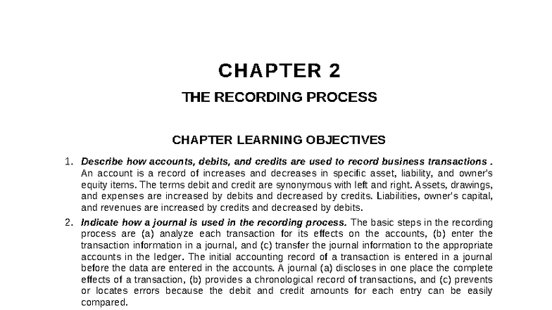 CHAPTER 2: THE RECORDING PROCESS - LEARNING OBJECTIVES & TEST BANK ...