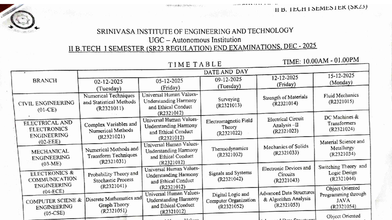 B.Tech II Semester (SR23) Supplementary Exam Timetable - Dec 2025 - Studocu