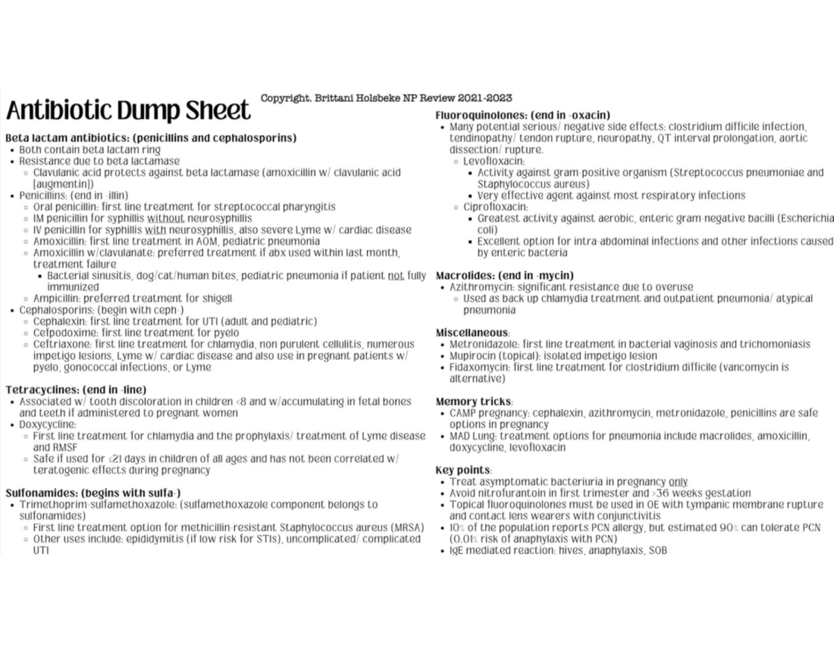 Antibiotic Dump Sheet: Key Points on Fluoroquinolones & More (C) - Studocu