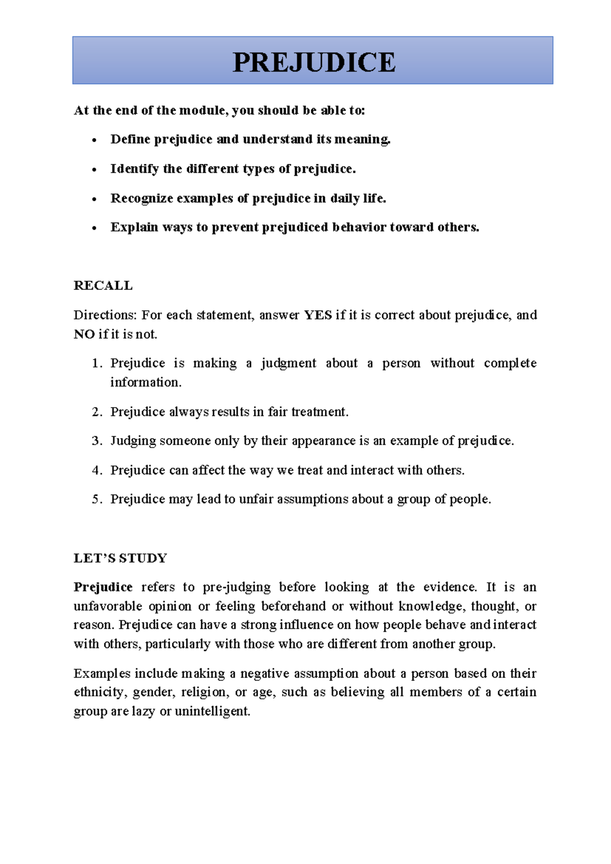 Final Exam Study Guide: Prejudice Concepts and Examples - Studocu
