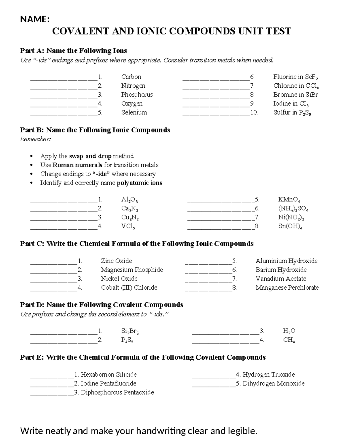 COVALENT AND IONIC COMPOUNDS UNIT TEST (Part A-E) - Studocu